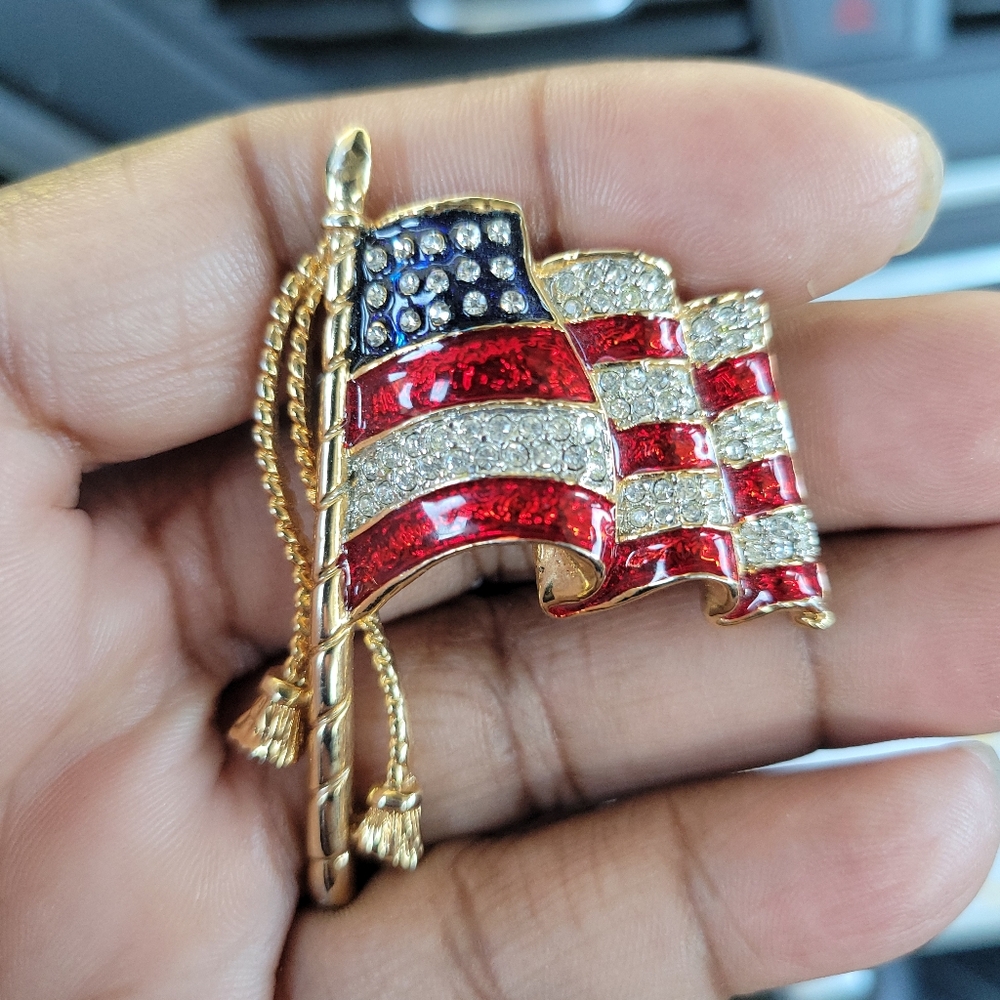 Crystal Encrusted Flag Brooch Pin - Gem